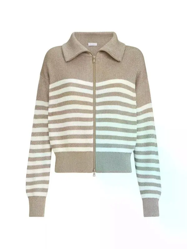Brunello Cucinelli Cotton Striped English Rib Zipper Cardigan With Monili - Neutrals