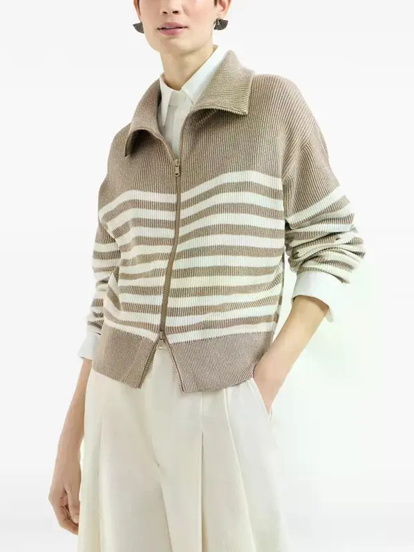 Brunello Cucinelli Cotton Striped English Rib Zipper Cardigan With Monili - Neutrals