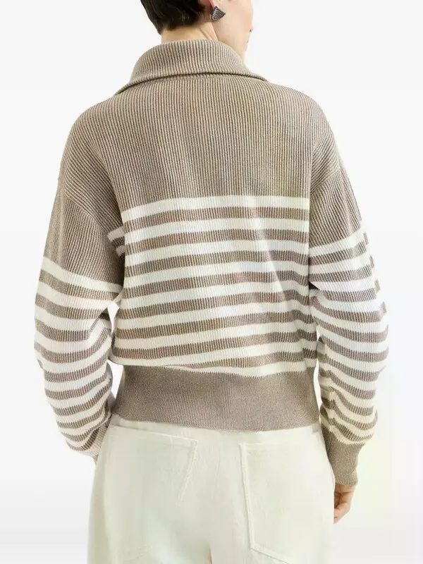 Brunello Cucinelli Cotton Striped English Rib Zipper Cardigan With Monili - Neutrals