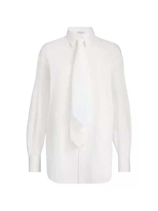 Brunello Cucinelli Cotton Poplin Shirt With Monili Detail And Tie - White
