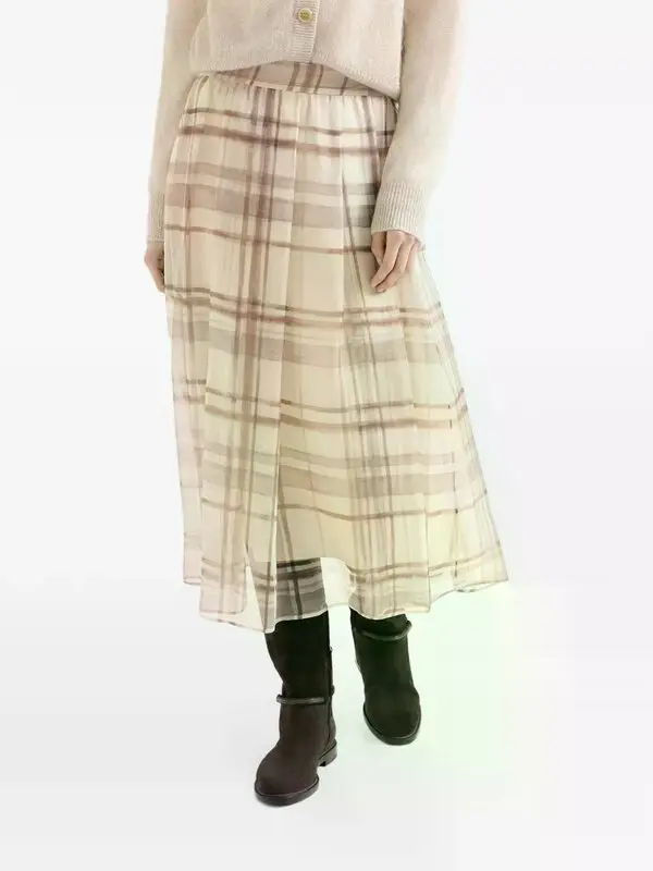 Brunello Cucinelli Silk Organza Macrocheck Pleated Skirt - Neutrals