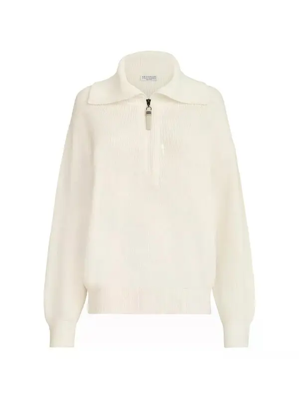 Brunello Cucinelli Cotton English Rib Half-zip Sweater With Monili Embellishment - Neutrals
