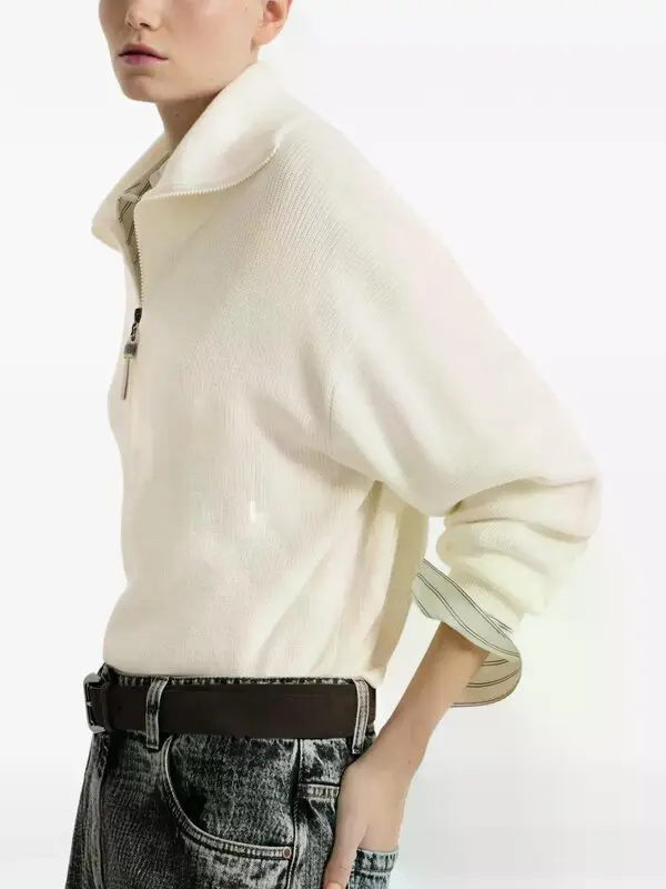 Brunello Cucinelli Cotton English Rib Half-zip Sweater With Monili Embellishment - Neutrals
