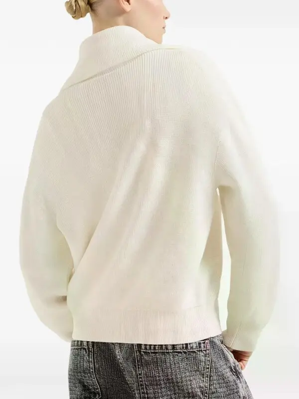 Brunello Cucinelli Cotton English Rib Half-zip Sweater With Monili Embellishment - Neutrals