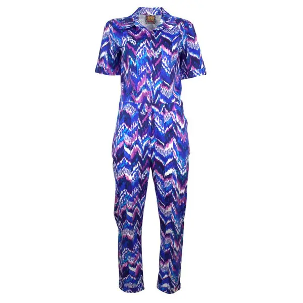 LALIPOP DESIGN Electric Ocean Cotton Jumpsuit With Colorful Zigzag Print - Blue