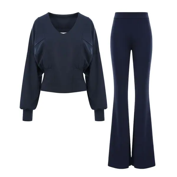 BLUZAT Navy Kimono Blouse And Flared Trousers Set - Blue