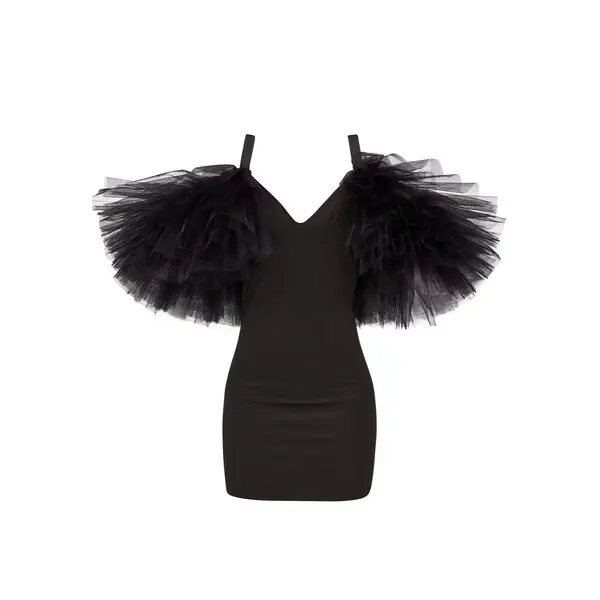 LIA ARAM Signature Tulle-trimmed Symmetrical Mini Dress - Black