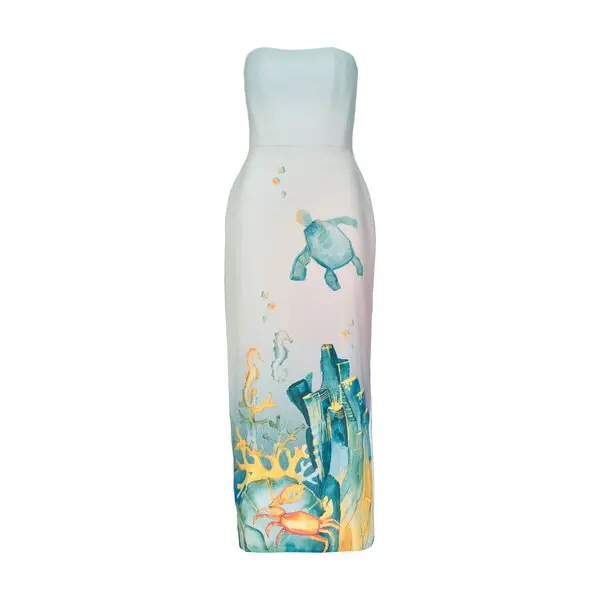 JUSTIN TONG Nerida Strapless Linen Midi Dress With Watercolour Print