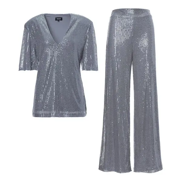 BLUZAT Sequin V-neck Blouse And Wide Leg Trouser Set
