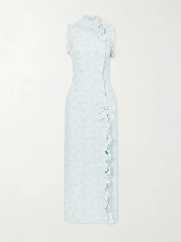 Alessandra Rich Printed Silk High Neck Midi Dress - Blue