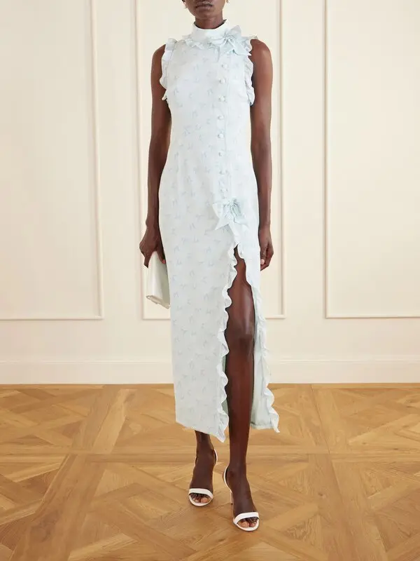 Alessandra Rich Printed Silk High Neck Midi Dress - Blue