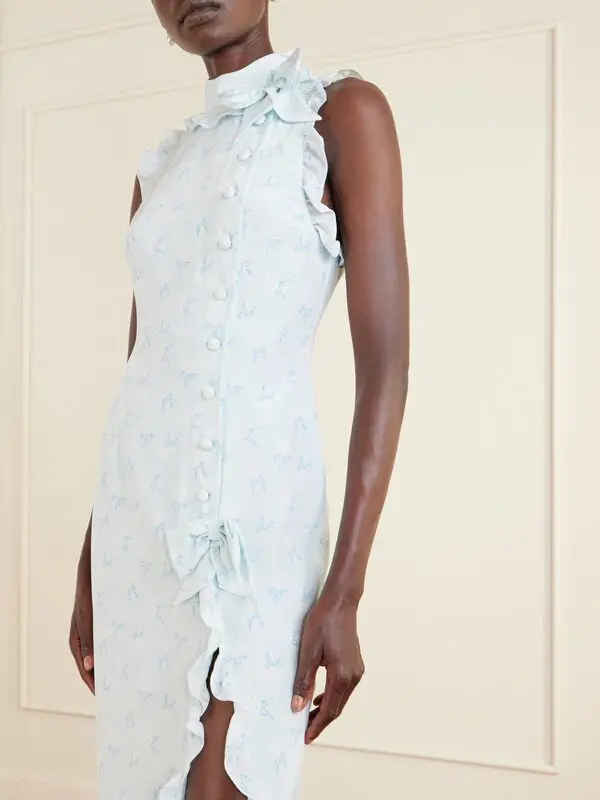 Alessandra Rich Printed Silk High Neck Midi Dress - Blue