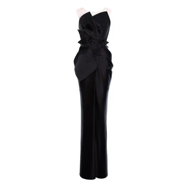 ACOB À PORTER Victoria Satin Maxi Dress With Oversized Flower Applique