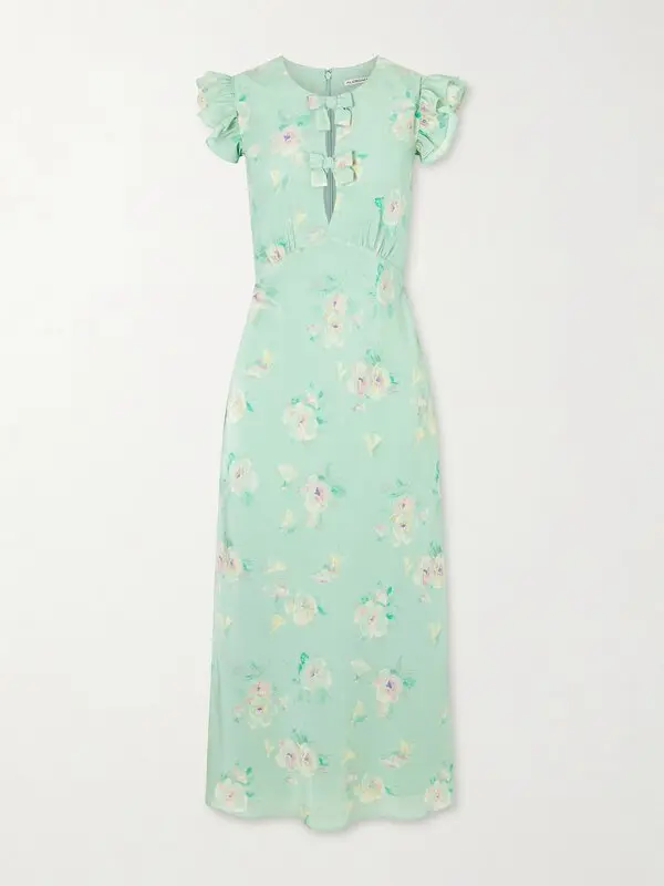 Alessandra Rich Floral-print Silk Midi Dress With Ruffle Trim - Green
