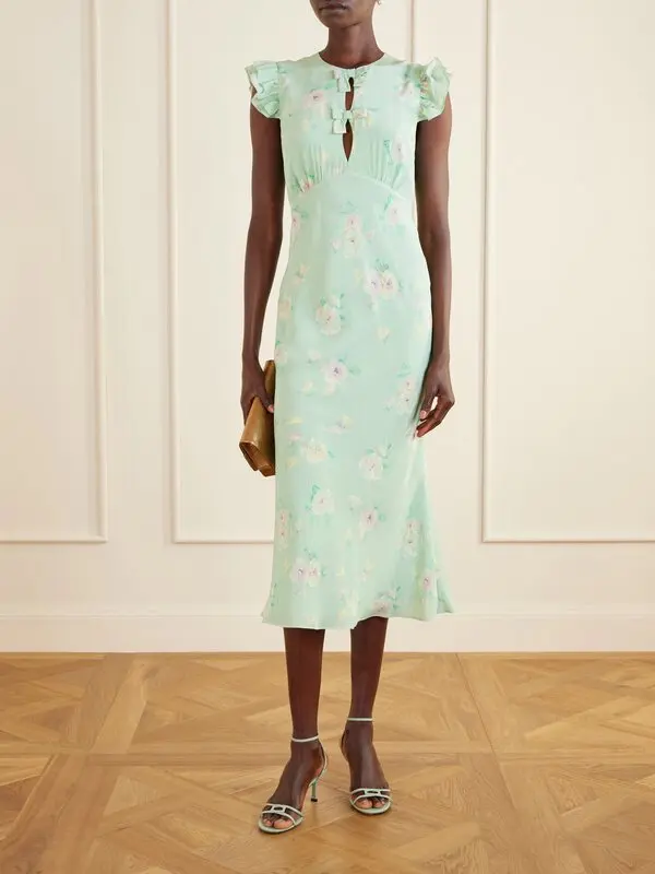 Alessandra Rich Floral-print Silk Midi Dress With Ruffle Trim
