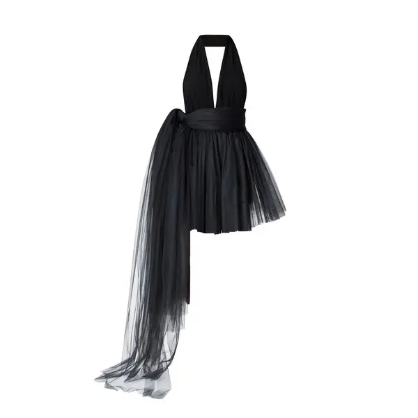 LIA ARAM Halterneck Tulle Mini Dress With Oversized Scarf