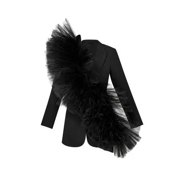 LIA ARAM Asymmetrical Tulle Ruffle Blazer - Black