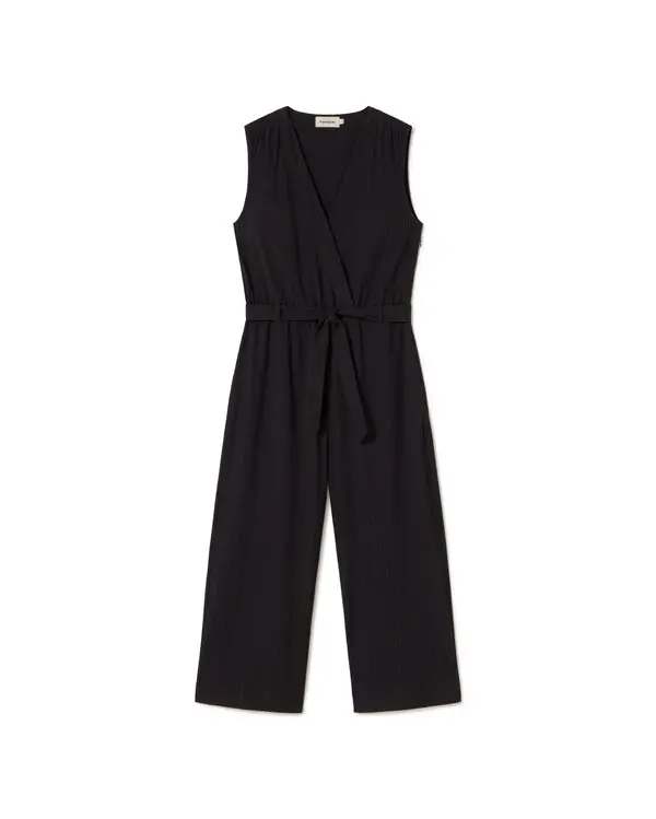 THINKING MU Seersucker Jumpsuit With Bow Detail - Black