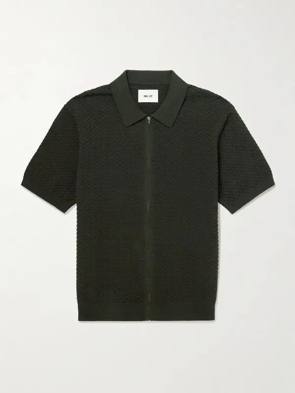 Nn07 Gustav 600160 Textured Organic Cotton Zip-up Polo Shirt - Green