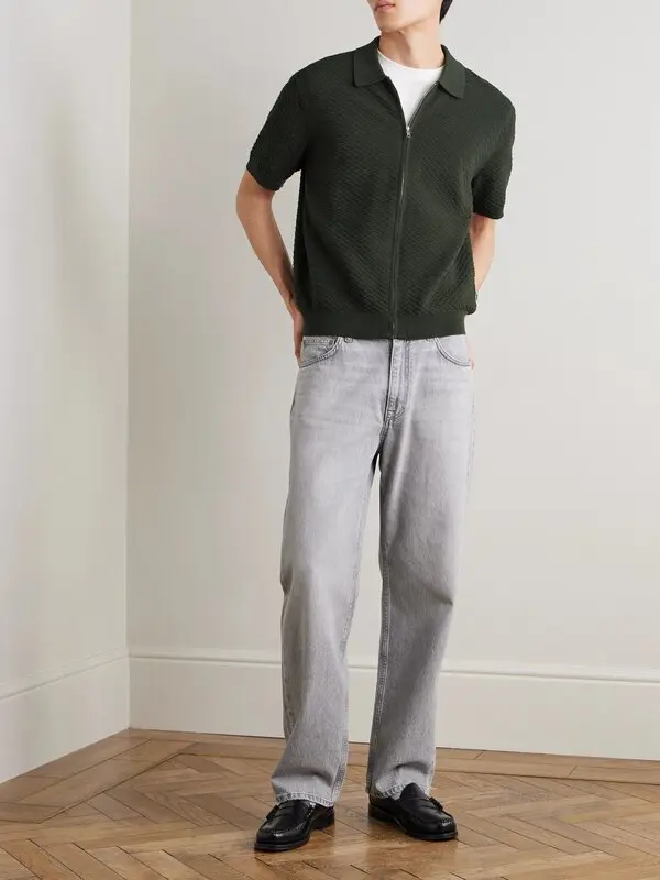 Nn07 Gustav 600160 Textured Organic Cotton Zip-up Polo Shirt - Green