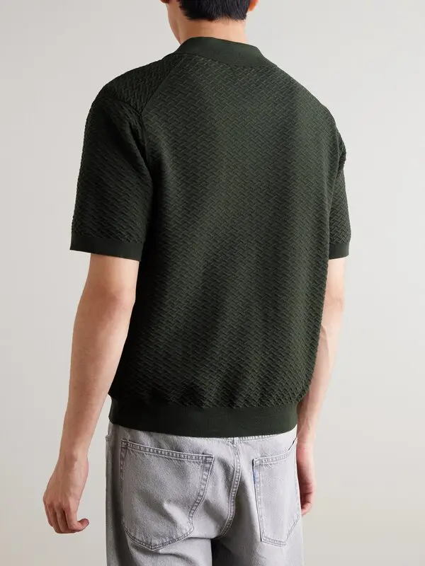Nn07 Gustav 600160 Textured Organic Cotton Zip-up Polo Shirt - Green