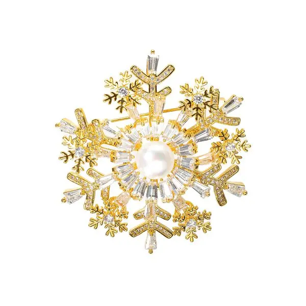 CLASSICHARMS Pavé And Pearl Snowflake Brooch Necklace - Gold