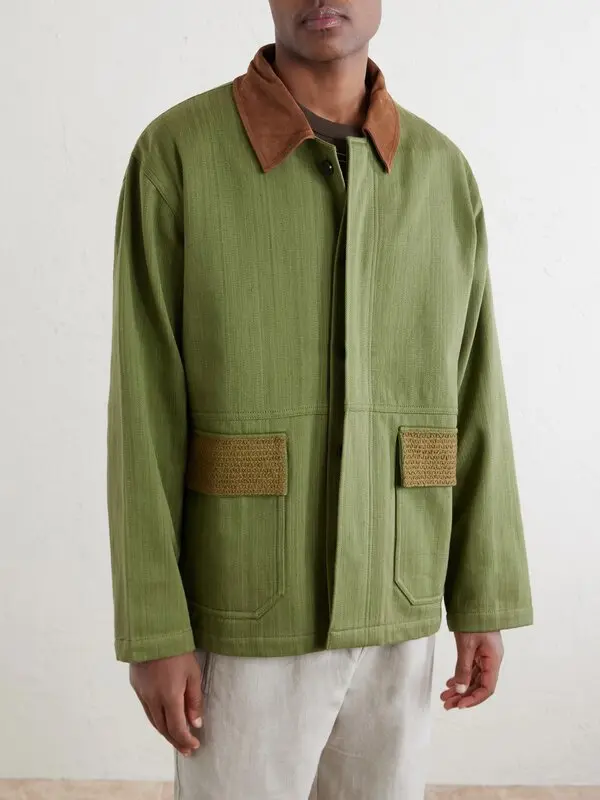 KARTIK RESEARCH Jodhpur Embroidered Suede-trimmed Cotton Jacket - Green
