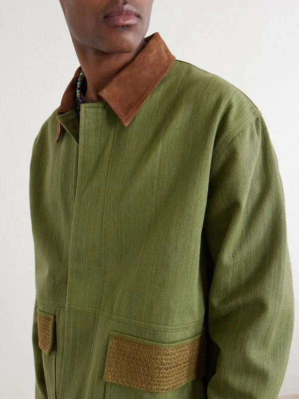 KARTIK RESEARCH Jodhpur Embroidered Suede-trimmed Cotton Jacket - Green