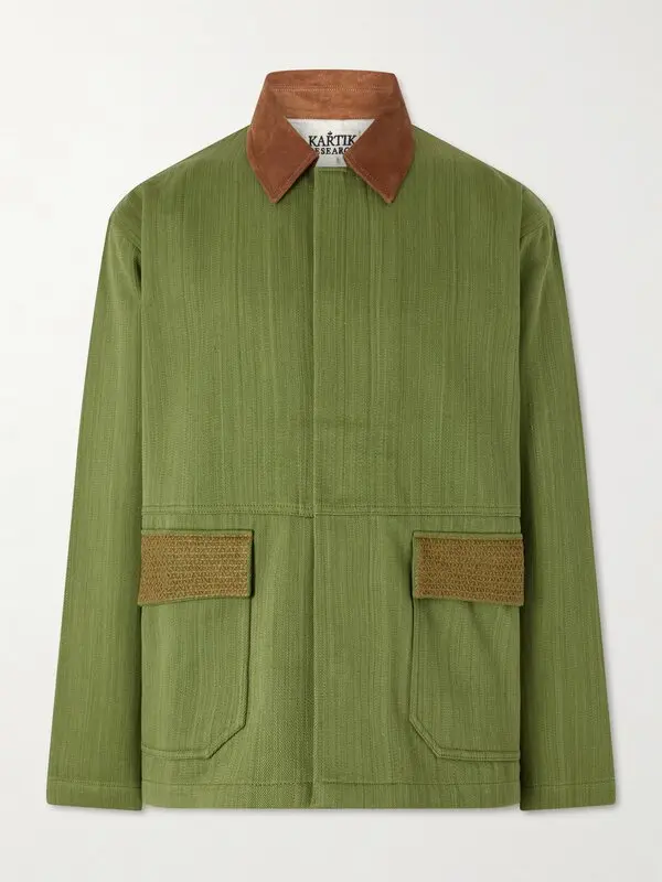 KARTIK RESEARCH Jodhpur Embroidered Suede-trimmed Cotton Jacket - Green