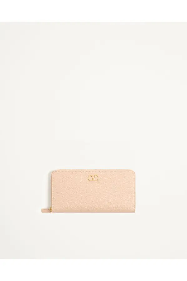 Valentino Garavani Vlogo Signature Zippered Wallet In Grainy Calfskin - Pink