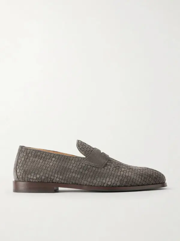 Brunello Cucinelli Woven Suede Penny Loafers - Gray