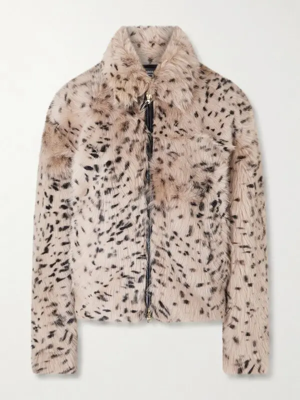 Amiri Leather-trimmed Plush Jacket With Animal Print