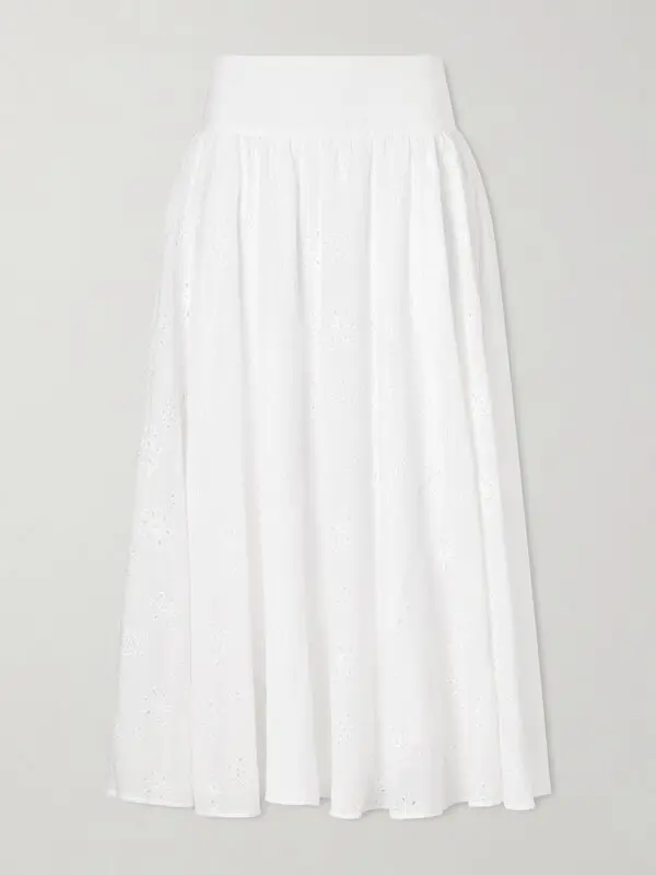 Thierry Colson Pamela Pleated Broderie Anglaise Cotton Midi Skirt - Neutrals