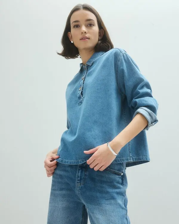 Quince Distressed Denim Popover Shirt - Medium Indigo