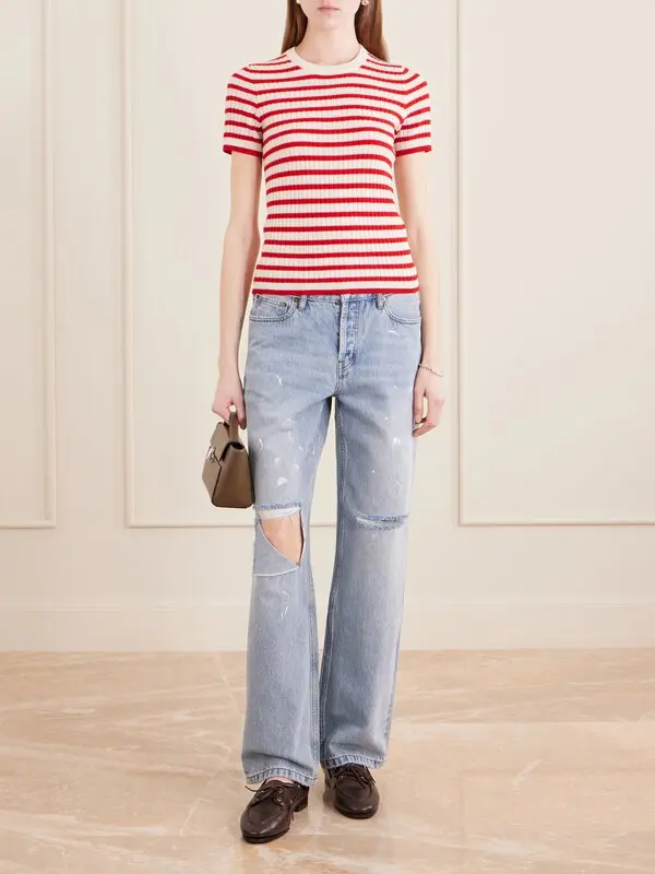 NILI LOTAN Alita Striped Ribbed Cashmere T-shirt