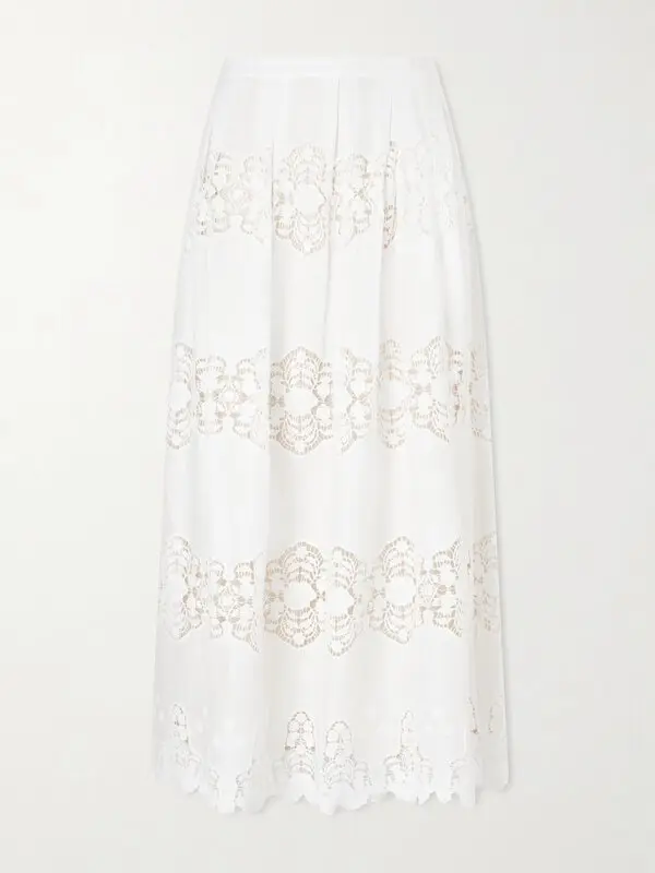 Miguelina Carissa Embroidered Cotton And Linen-blend Midi Skirt - Neutrals