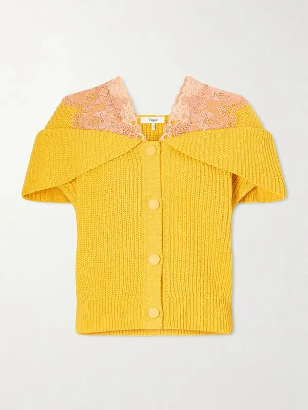 Chloé Ribbed-knit Cotton Cardigan With Lace Trim - Yellow