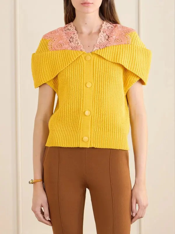 Chloé Ribbed-knit Cotton Cardigan With Lace Trim