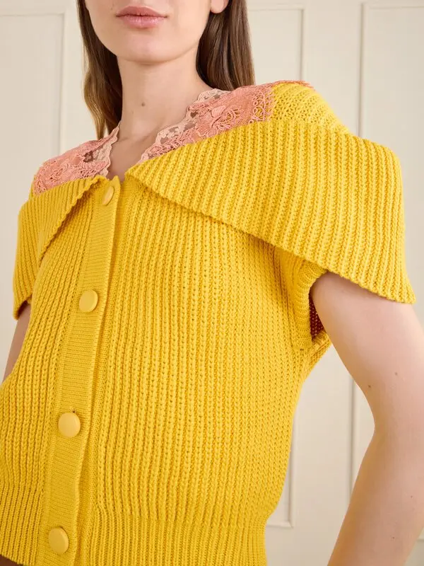Chloé Ribbed-knit Cotton Cardigan With Lace Trim