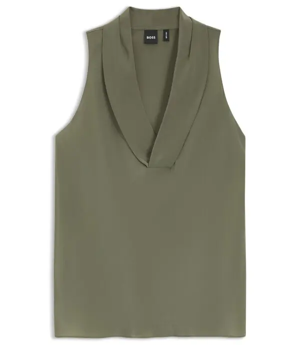 BOSS Sleeveless Blouse In Sandwashed Silk With V Neckline - Dark Green