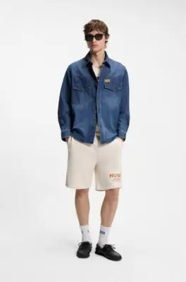 Hugo Cotton Terry Loose-fit Shorts With Logo Print - White