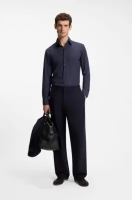 BOSS Slim-fit Shirt In Printed Performance Stretch Fabric - Dark Blue
