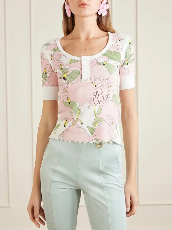 Chloé Printed Ribbed Cotton-jersey T-shirt With Flamingo Motif - Pink