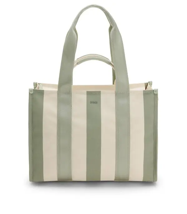 BOSS Striped Tote Bag In Canvas With Double Handles - White