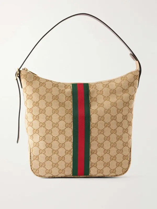 Gucci Lunetta Webbing And Leather-trimmed Monogrammed Canvas Shoulder Bag - Beige