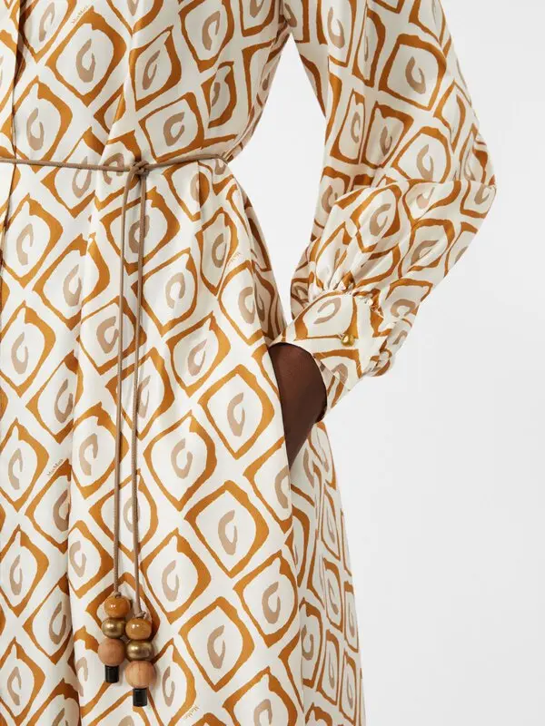 Max Mara Printed Silk Twill Shirt Dress With Leather Belt - Beige