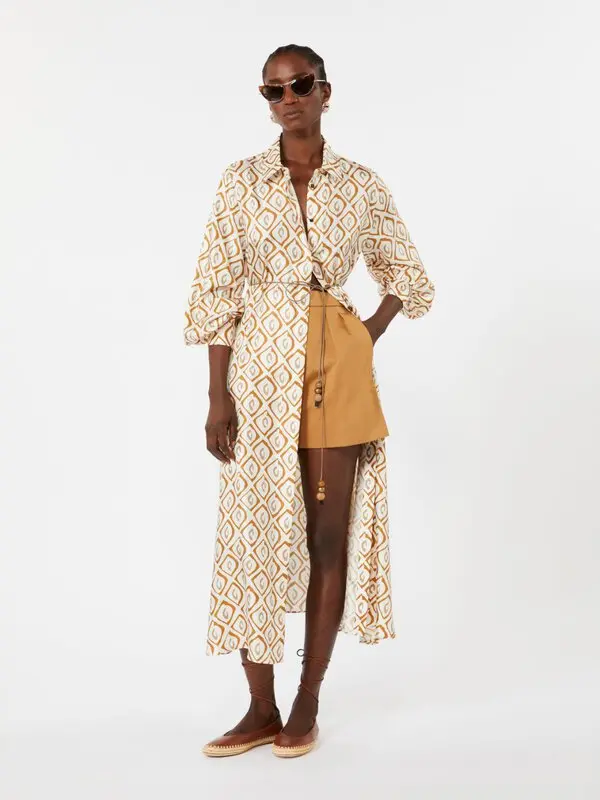 Max Mara Printed Silk Twill Shirt Dress With Leather Belt - Beige