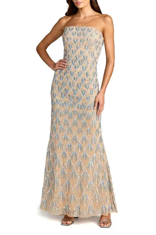 Mac Duggal Strapless Hand-beaded Mesh Mermaid Gown - Nude Silver