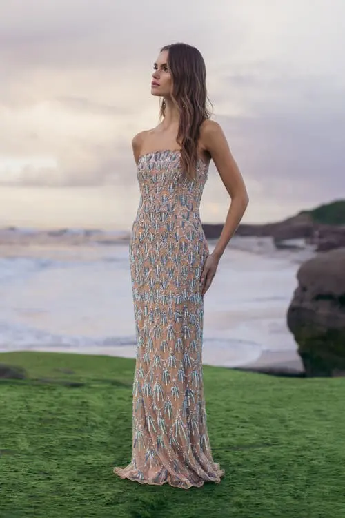Mac Duggal Strapless Hand-beaded Mesh Mermaid Gown