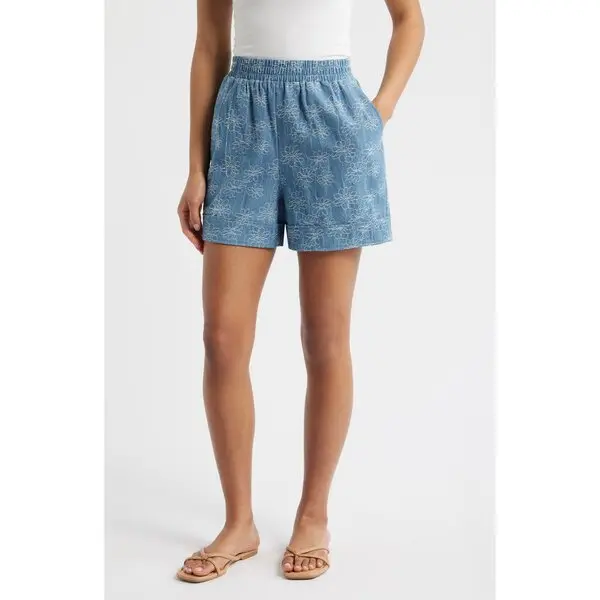 ICHI Floral Embroidered Denim Shorts
